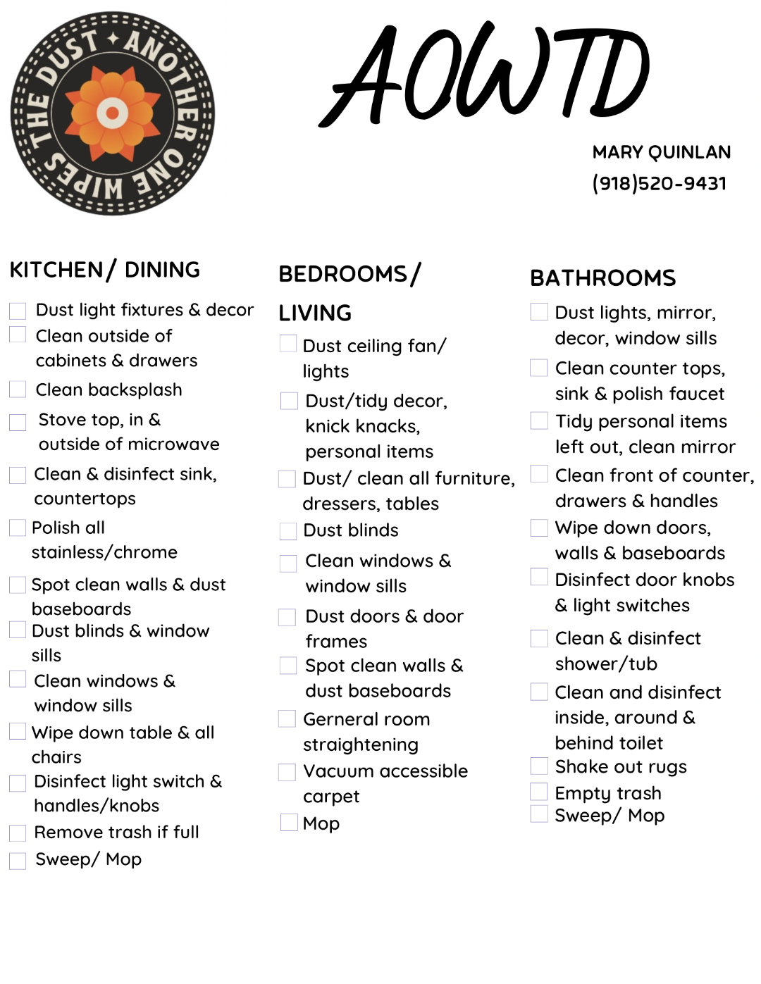 AOWTD RECURRING CHECKLIST – Another One Wipes The Dust LLC